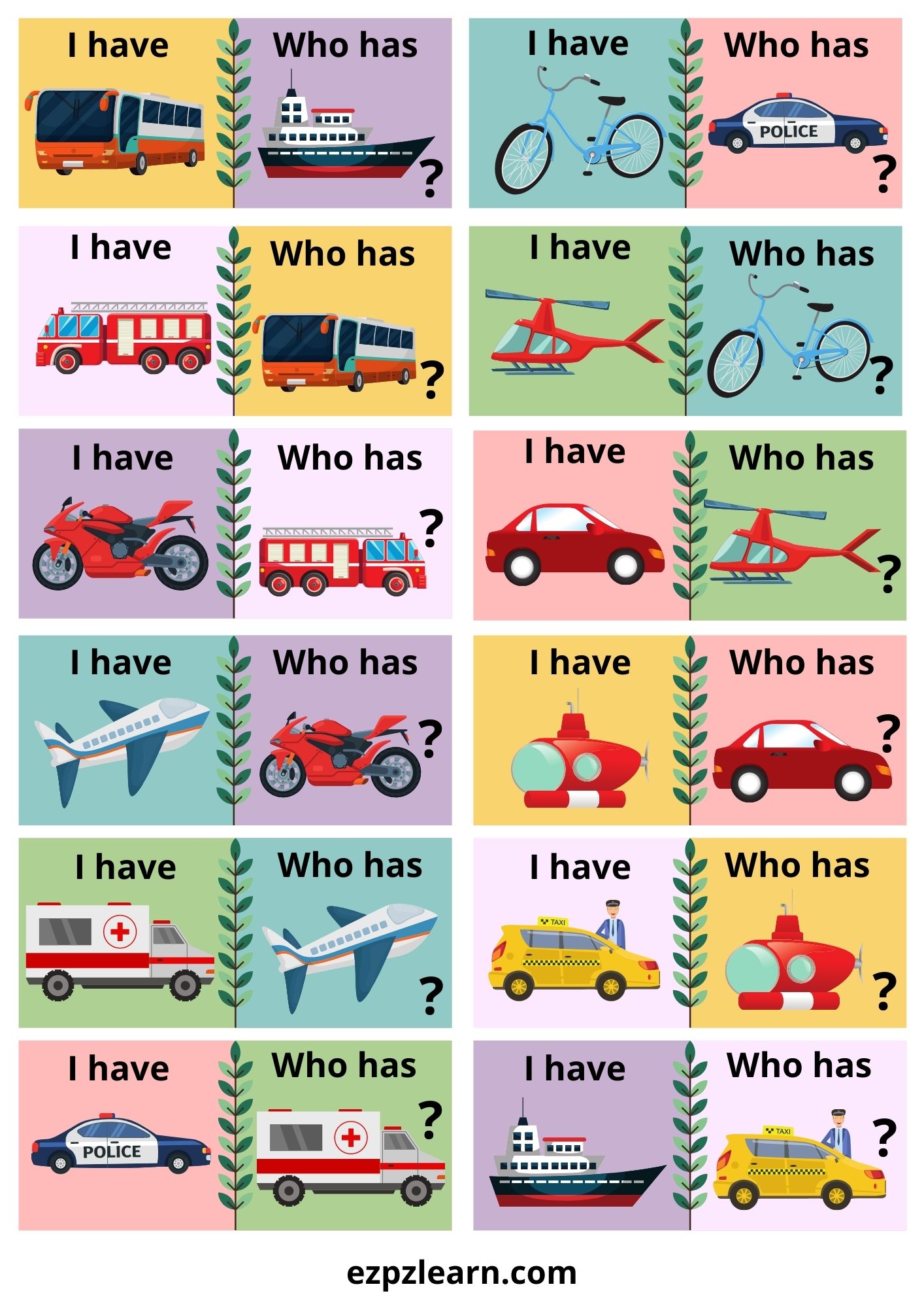 Transportation I Have Who Has Game Ezpzlearn